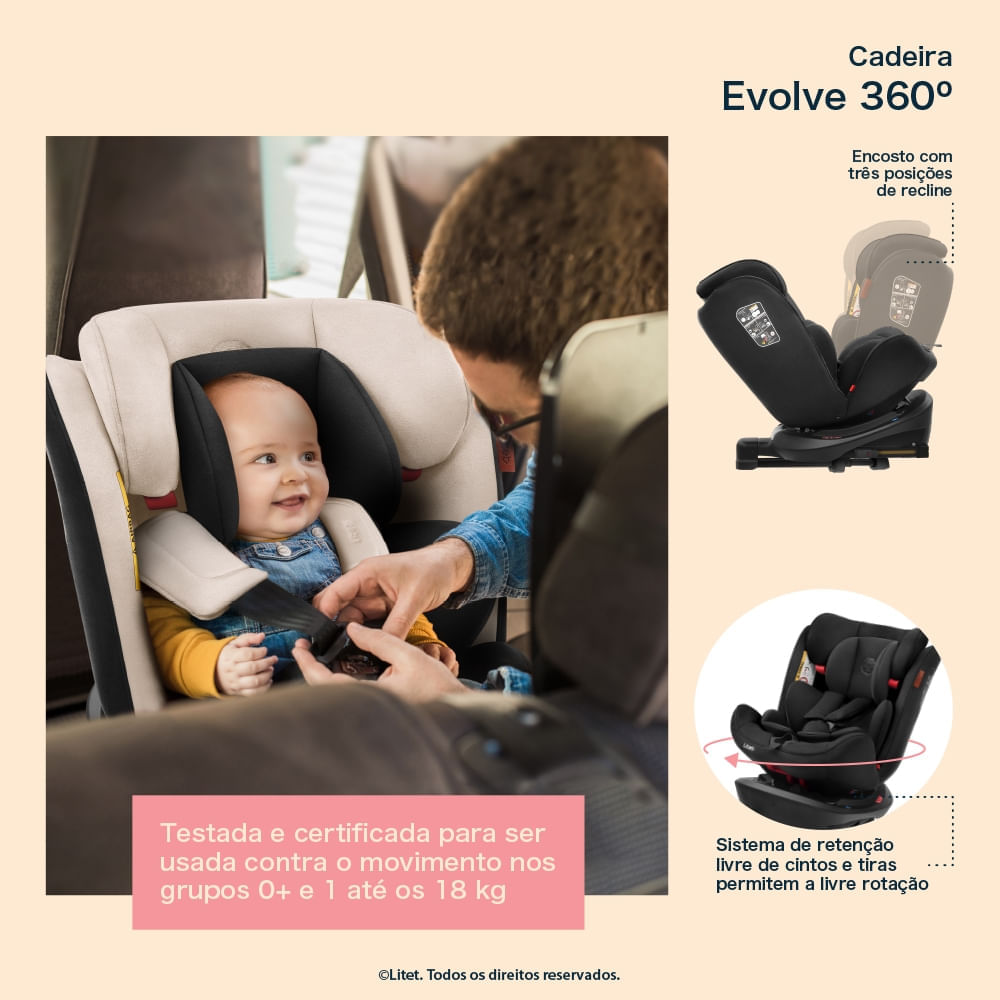 Cadeira Para Auto 0-36Kgs Isofix Litet Evolve 360 Preta e Areia - BB398 - Loja Obabox